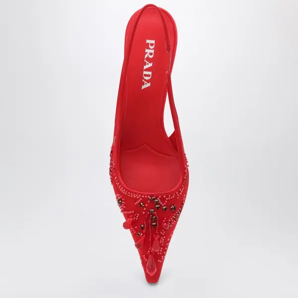 Prada Embroidered Satin Slingback Pumps - Red