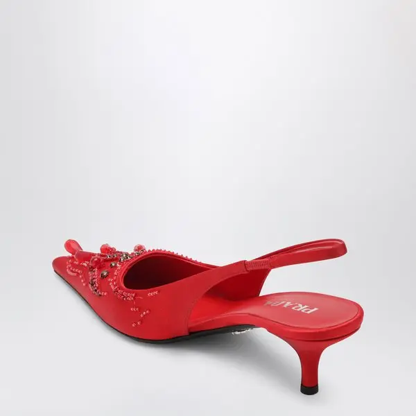 Prada Embroidered Satin Slingback Pumps - Red