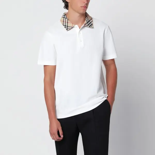 Burberry Chalk Cotton Piqué Polo Shirt With Check Collar