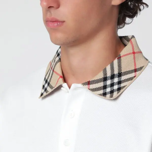 Burberry Chalk Cotton Piqué Polo Shirt With Check Collar