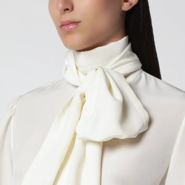 Saint Laurent Chalk Silk Lavallière-neck Blouse