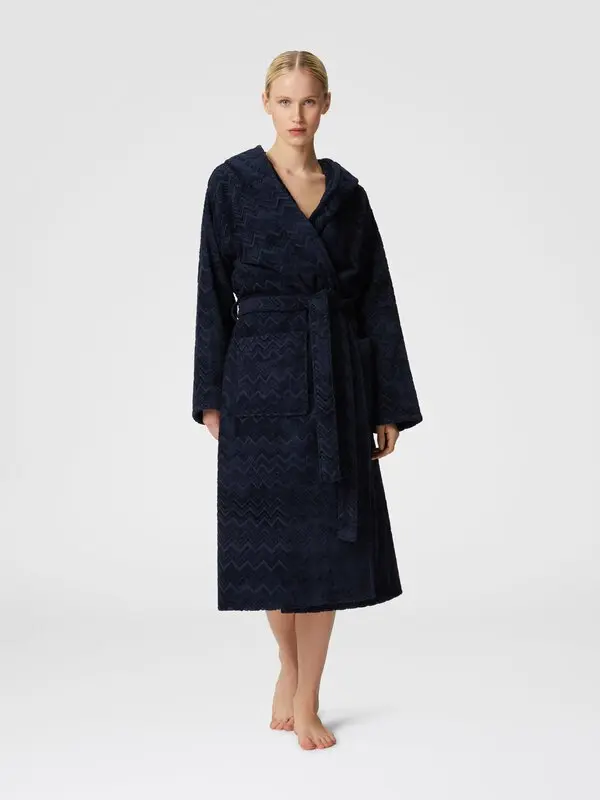 Missoni Chalk Bathrobe In Cotton Terry With Zigzag Pattern