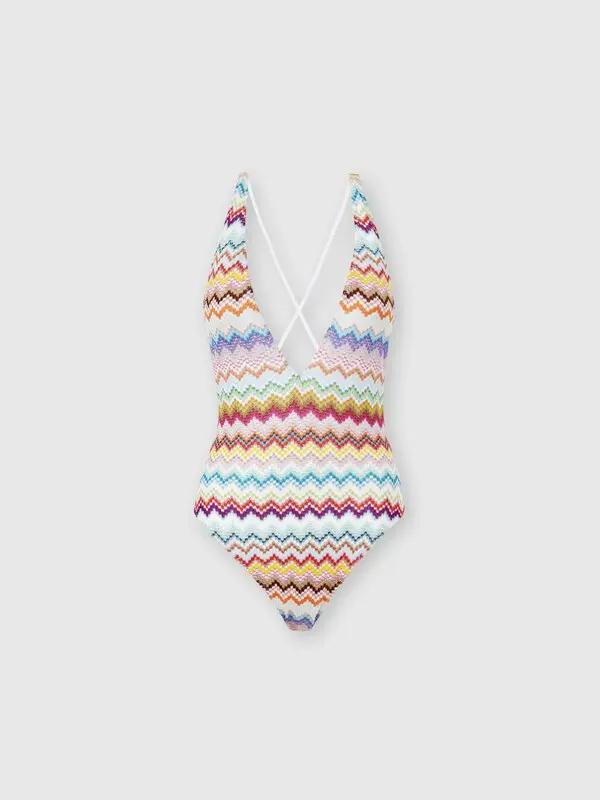 Missoni One-piece Swimsuit In Lamé Viscose With Pixel-effect Zigzag Pattern And V-neckline - Multicoloured