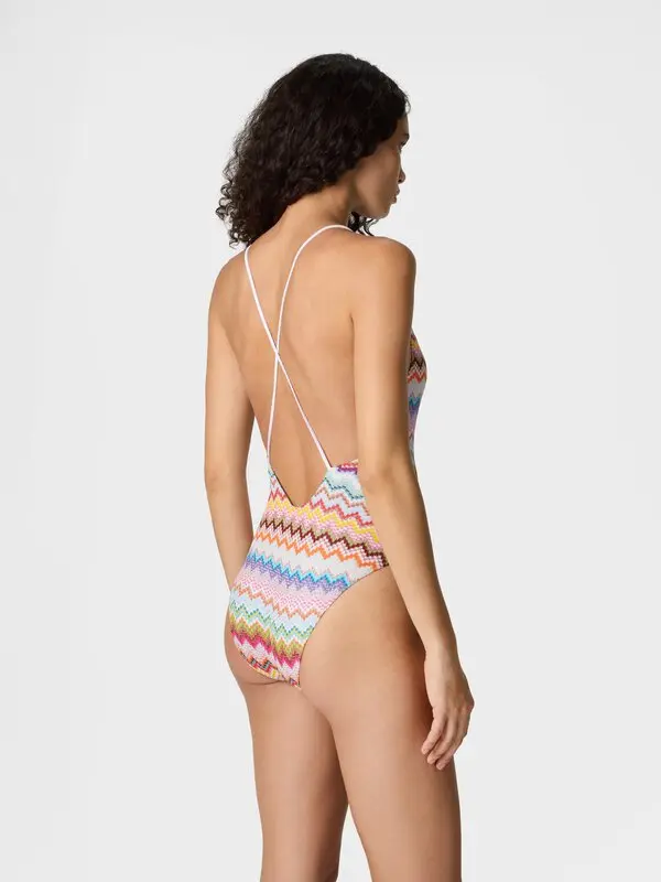 Missoni One-piece Swimsuit In Lamé Viscose With Pixel-effect Zigzag Pattern And V-neckline - Multicoloured