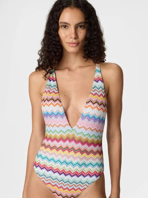 Missoni One-piece Swimsuit In Lamé Viscose With Pixel-effect Zigzag Pattern And V-neckline - Multicoloured