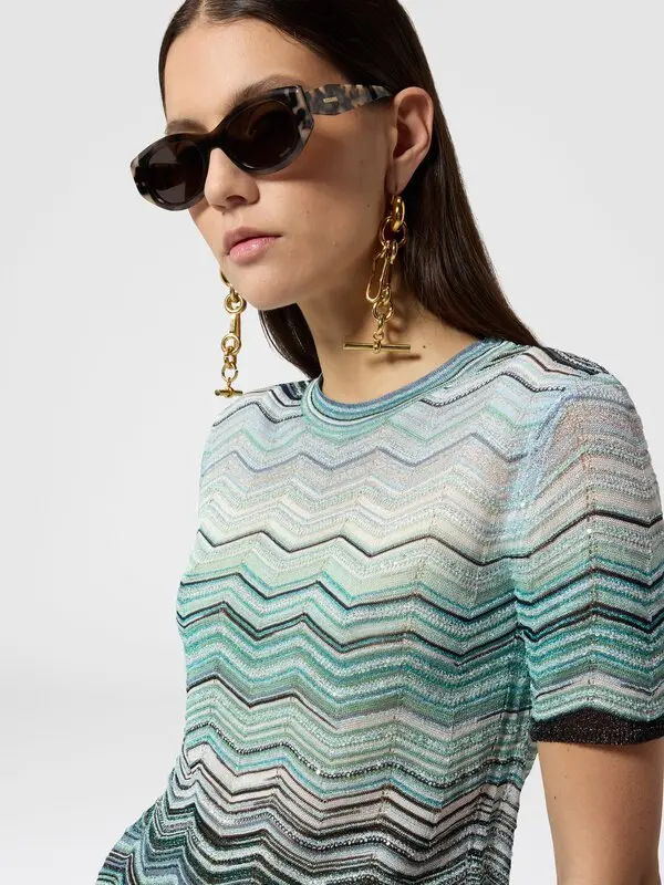 Missoni Crew-neck T-shirt In Viscose Chevron Lamé With Sequins