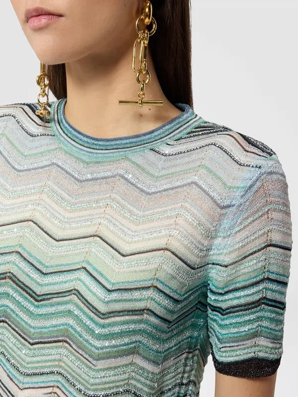 Missoni Crew-neck T-shirt In Viscose Chevron Lamé With Sequins