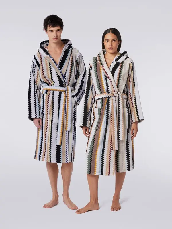 Missoni Long Curt Chevron Cotton Terry Hooded Bathrobe - Black
