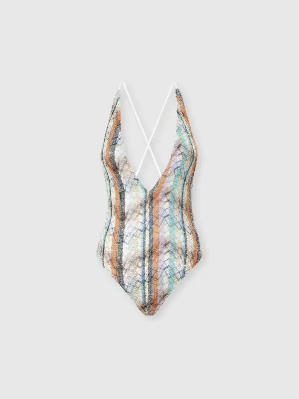 Missoni One-piece Swimsuit In Lamé Viscose Blend With Multi-workmanship And Deep V-neckline - Multicoloured