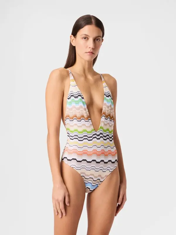 Missoni One-piece Swimsuit In Pure Viscose With V-neckline - Multicoloured