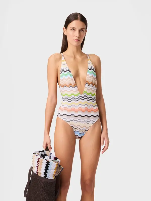 Missoni One-piece Swimsuit In Pure Viscose With V-neckline - Multicoloured