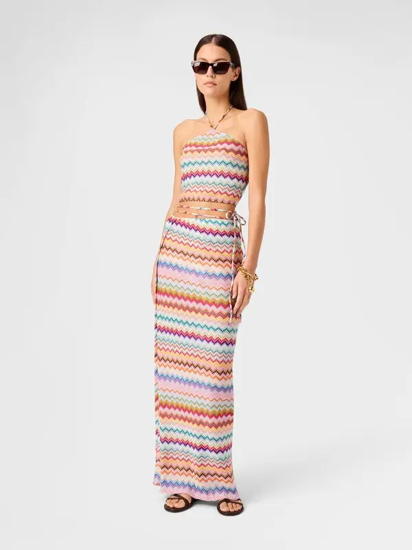 Missoni Long Pareo Skirt In Lamé Viscose With Pixel-effect Zigzag Pattern