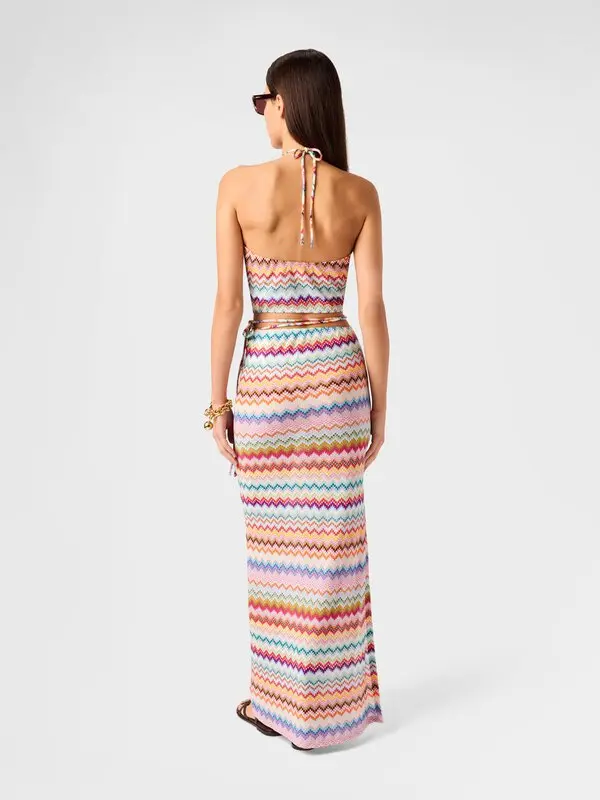 Missoni Long Pareo Skirt In Lamé Viscose With Pixel-effect Zigzag Pattern