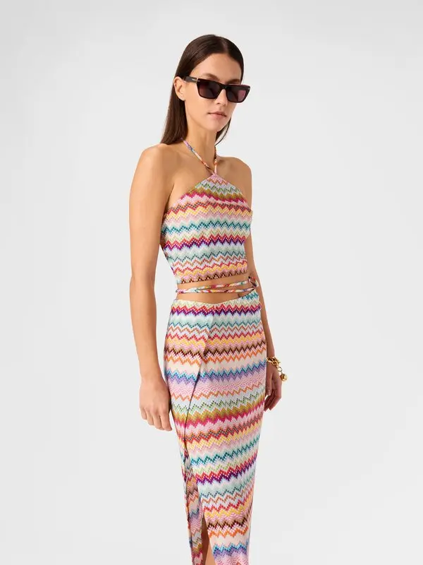 Missoni Long Pareo Skirt In Lamé Viscose With Pixel-effect Zigzag Pattern
