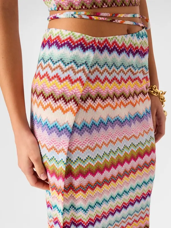 Missoni Long Pareo Skirt In Lamé Viscose With Pixel-effect Zigzag Pattern