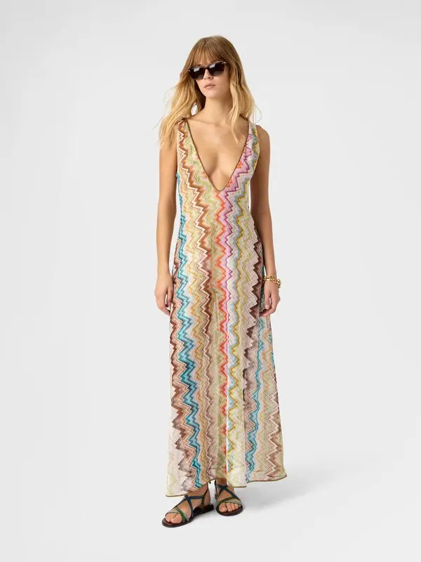 Missoni Long Cover-up With Deep V-neckline In Zig Zag Raschel Knit