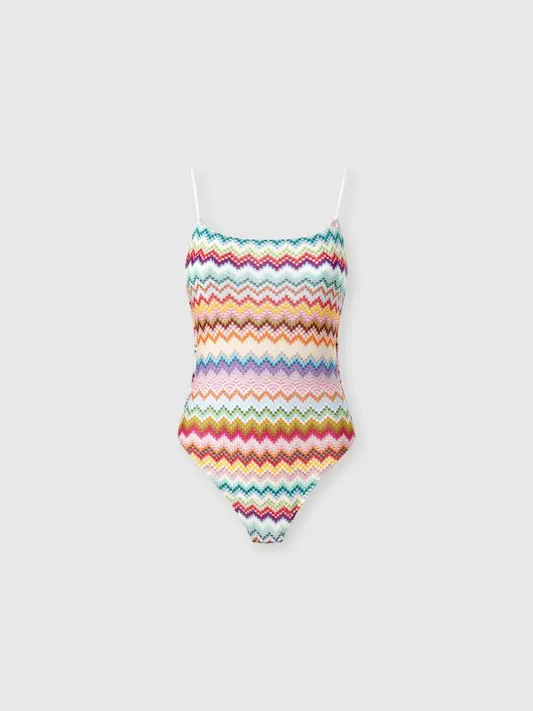 Missoni One-piece Swimsuit In Lamé Viscose With Pixel-effect Zigzag Pattern