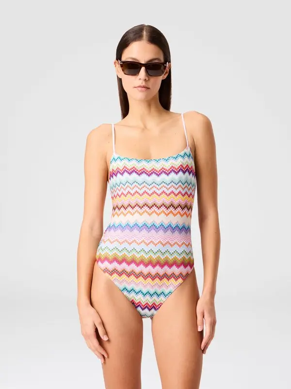 Missoni One-piece Swimsuit In Lamé Viscose With Pixel-effect Zigzag Pattern