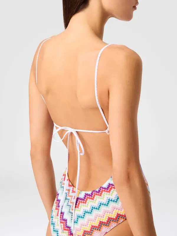 Missoni One-piece Swimsuit In Lamé Viscose With Pixel-effect Zigzag Pattern