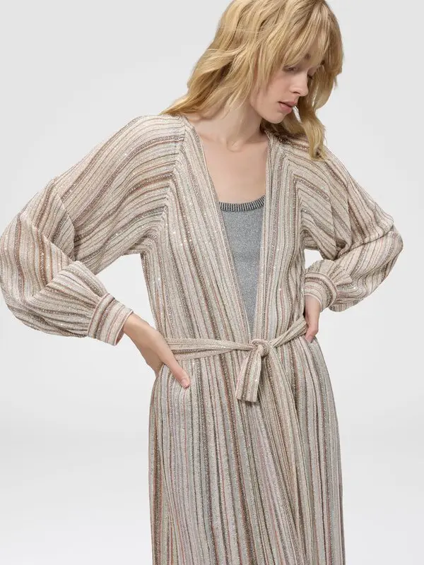 Missoni Long Ribbed Cardigan With Belt And Sequins