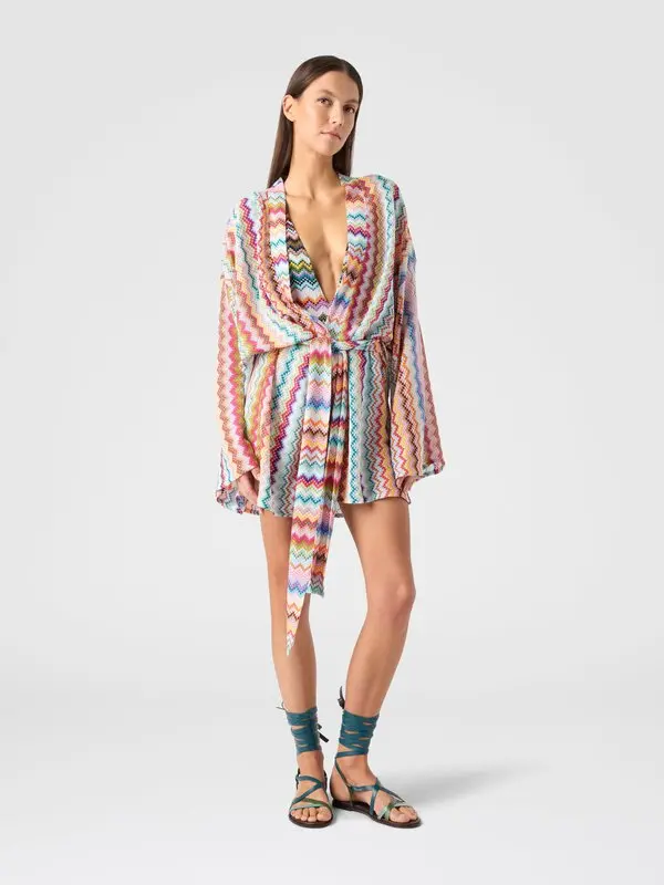Missoni Short Kimono Cover-up In Lamé Viscose With Pixel-effect Zigzag Pattern