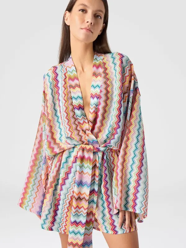 Missoni Short Kimono Cover-up In Lamé Viscose With Pixel-effect Zigzag Pattern