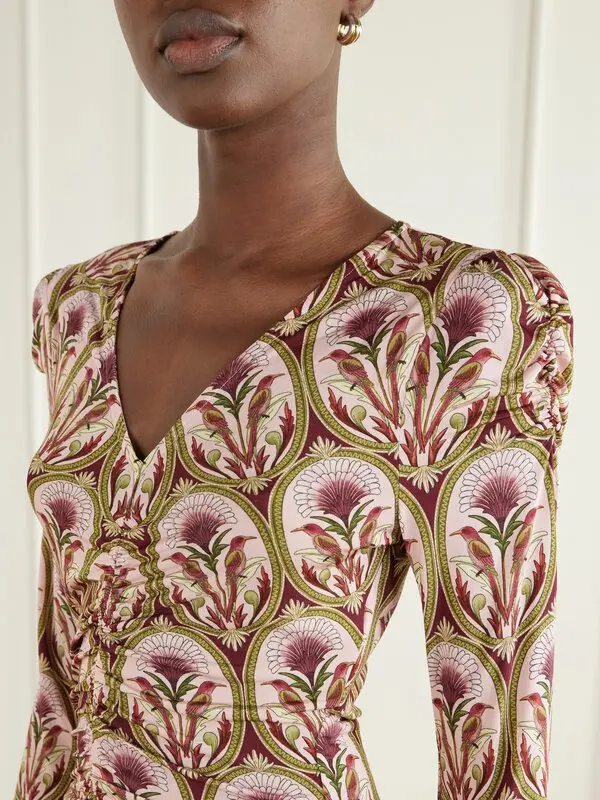 Farm Rio Garden Medal Printed Gathered Jersey Blouse