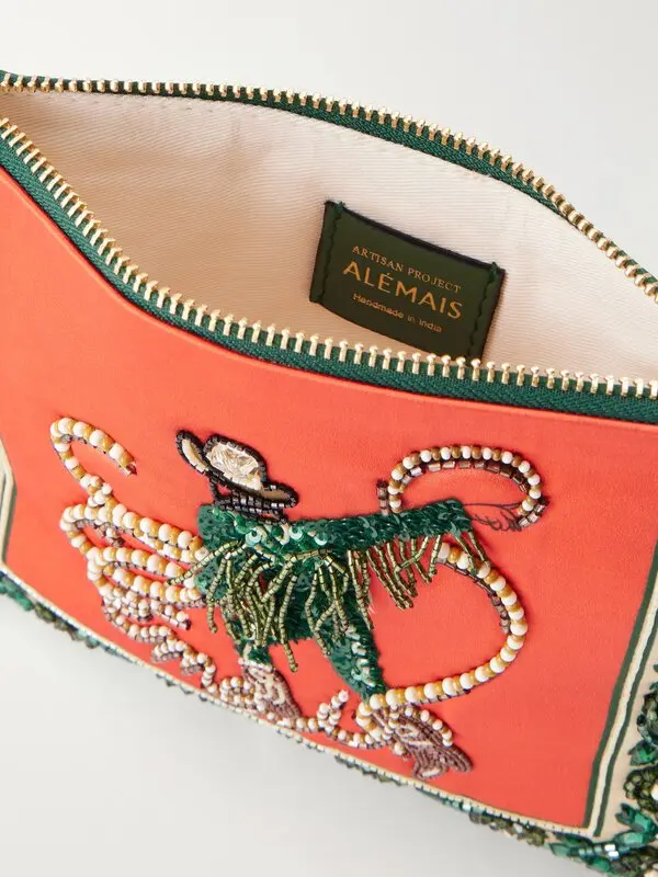 ALEMAIS Ace Embellished Leather-trimmed Satin Clutch - Green