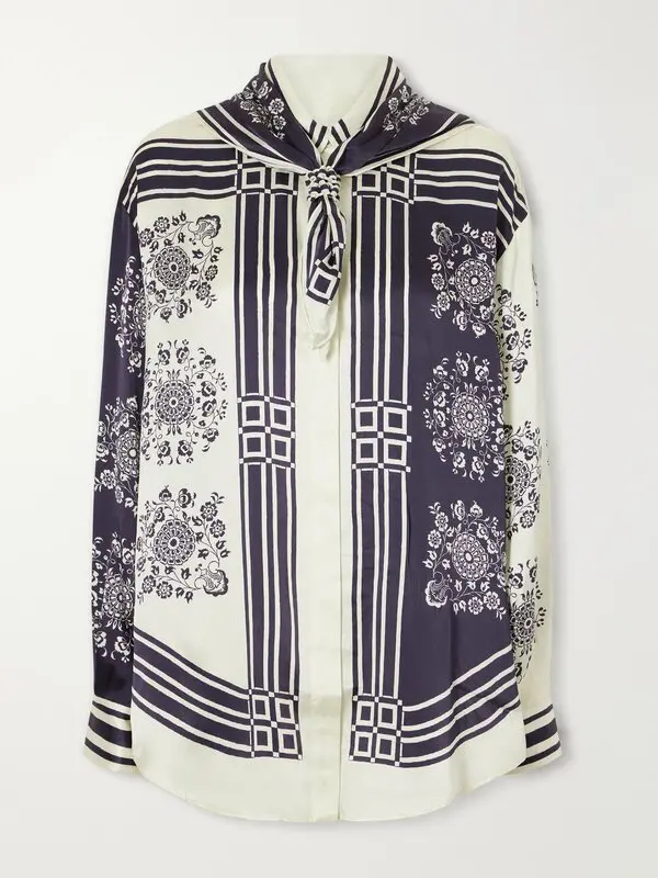 ALEMAIS Banderra Scarf-detailed Printed Silk-satin Shirt - Blue