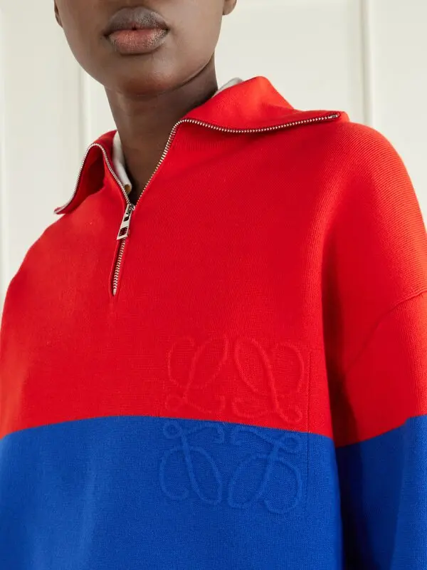 Loewe Anagram-embossed Two-tone Cotton-blend Jersey Half-zip Sweatshirt - Blue
