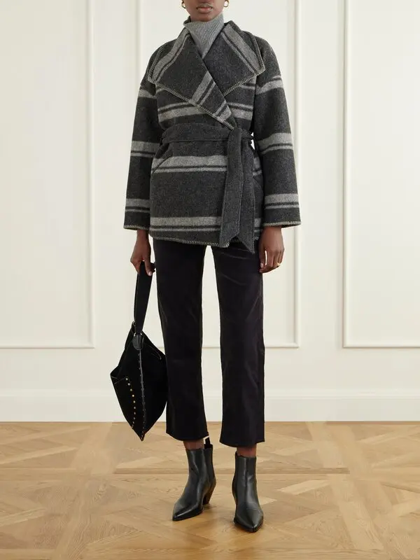 MARANT ETOILE Brea Belted Striped Knitted Coat - Gray