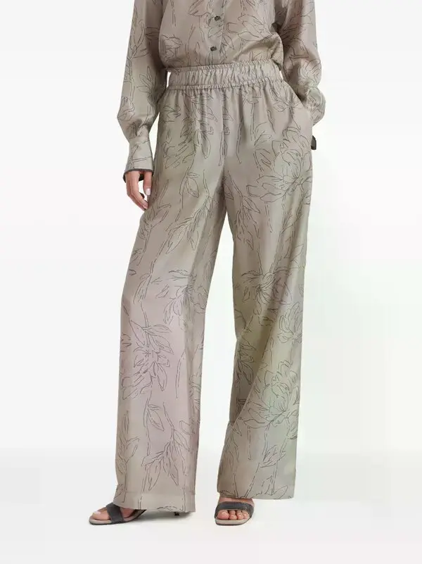 Brunello Cucinelli Leaf-print Silk Trousers