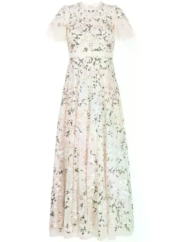 NEEDLE & THREAD Floral-embroidered Short-sleeve Gown