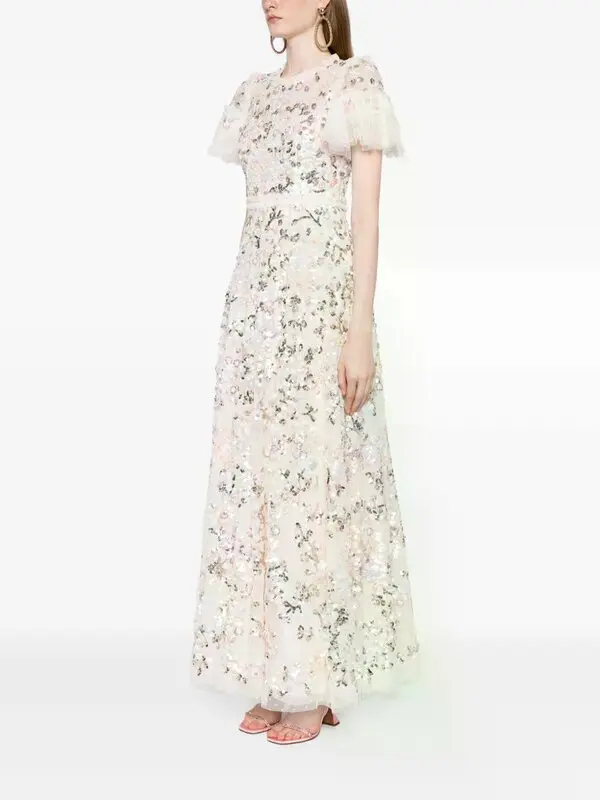 NEEDLE & THREAD Floral-embroidered Short-sleeve Gown