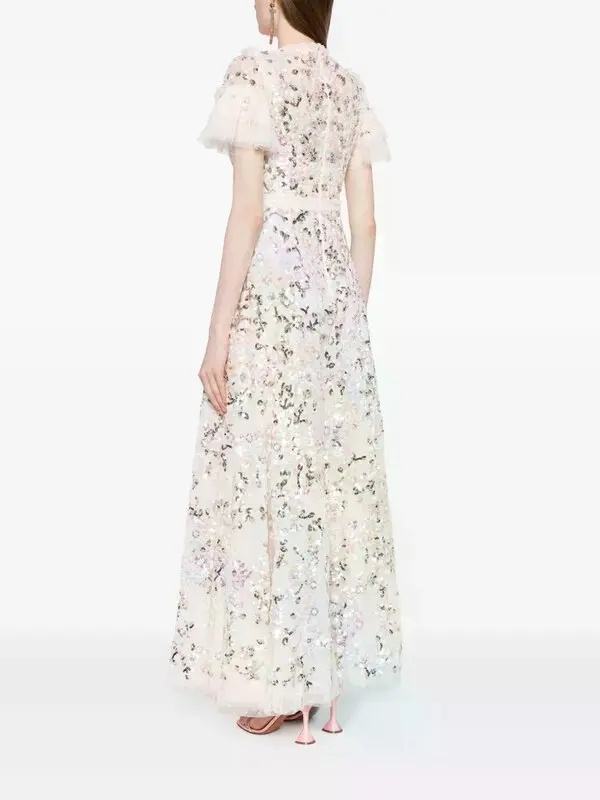 NEEDLE & THREAD Floral-embroidered Short-sleeve Gown