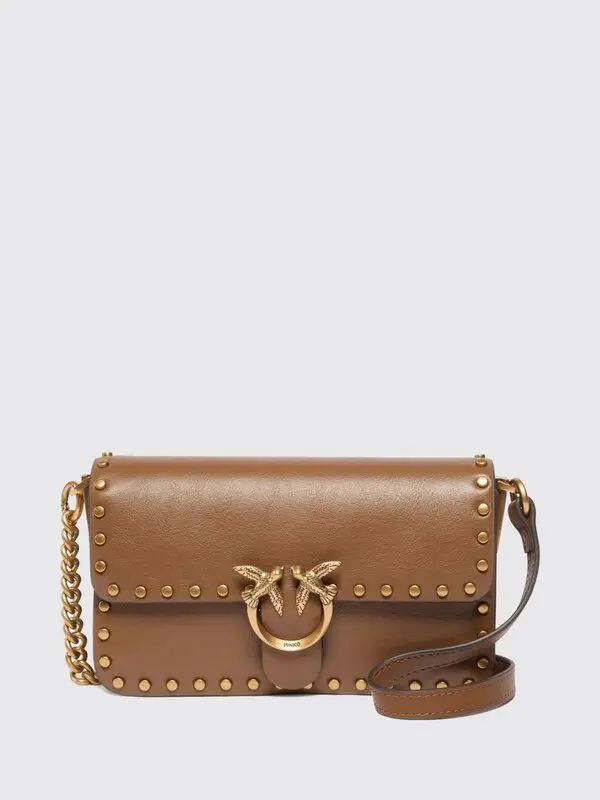 Pinko Love Birds Calfskin Mini Crossbody Bag With Studs - Brown