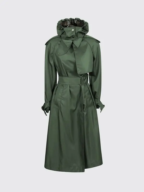 Burberry Knee-length Double-breasted Nylon Trench Coat With Hood And Adjustable Belt
