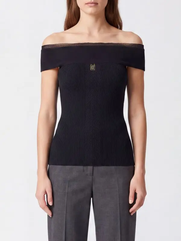 Elisabetta Franchi Off-the-shoulder Ribbed Knit Top With Metal Logo