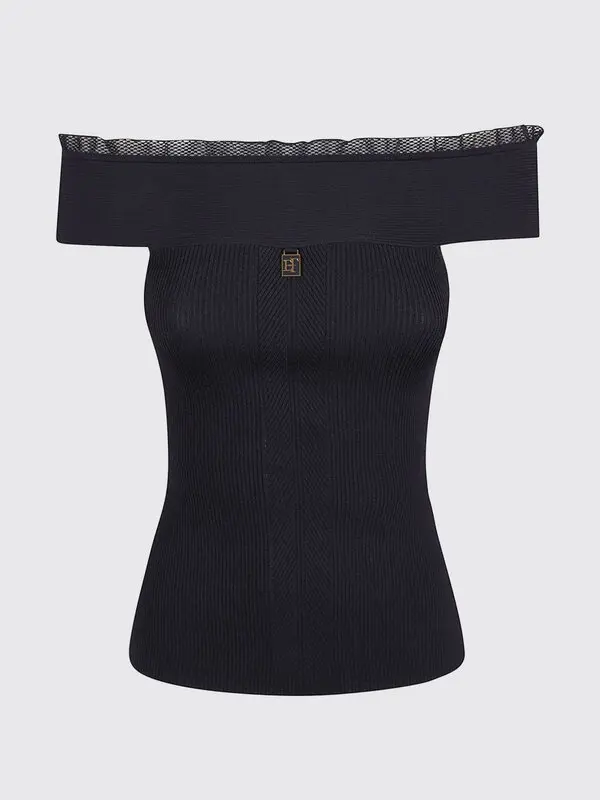 Elisabetta Franchi Off-the-shoulder Ribbed Knit Top With Metal Logo