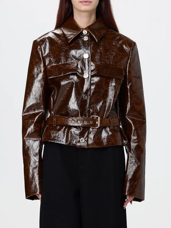 Sportmax Short Coated Cotton Patent-effect Jacket With Belt