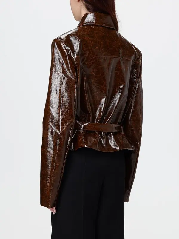 Sportmax Short Coated Cotton Patent-effect Jacket With Belt