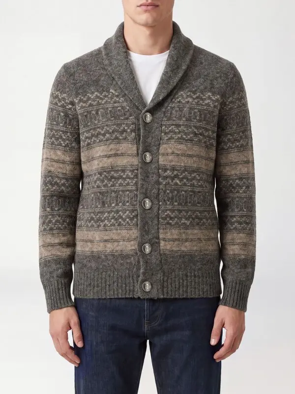 Brunello Cucinelli Striped Shawl Collar Alpaca Wool Blend Cardigan - Grey