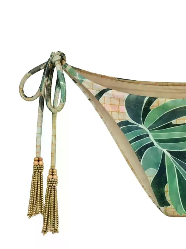 Farm Rio Tassel-detail Leaf-print Bikini Bottoms