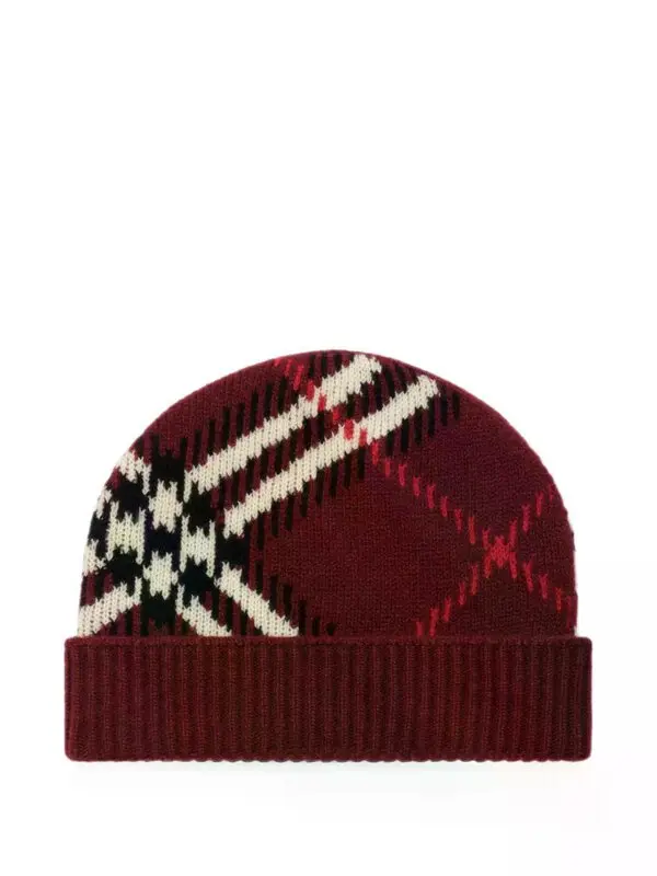 Burberry Check Cashmere Blend Beanie - Red