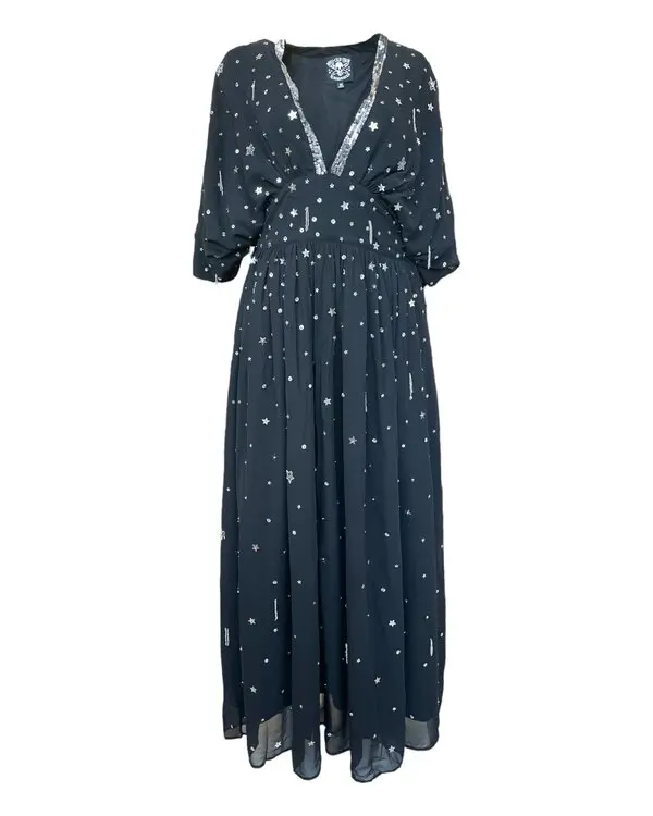 ANY OLD IRON Black / Silver Sequin Shining Star Black Caftan Dress