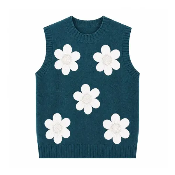 YUMI Flower Appliqué Knit Tank - Blue