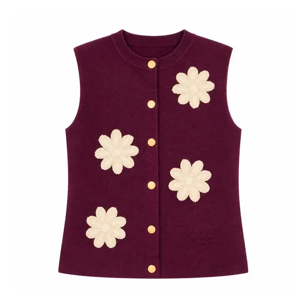 YUMI Flower Applique Knit Waistcoat - Red