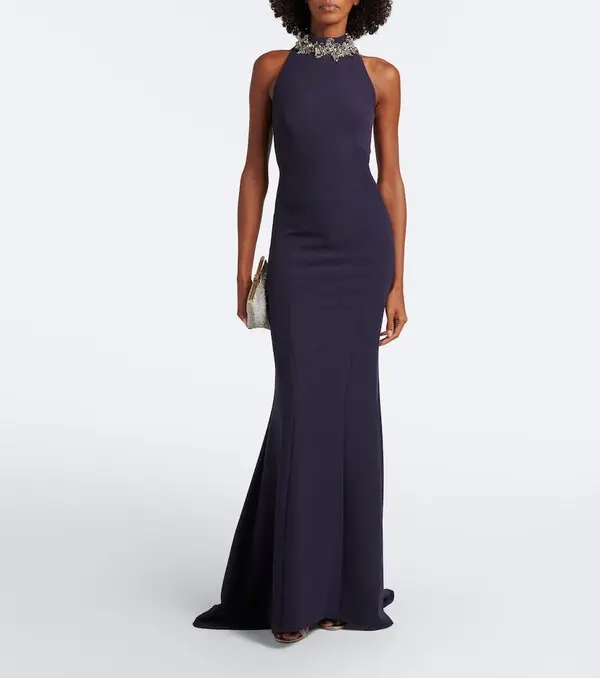 Safiyaa Lark Embellished Halterneck Crepe Gown