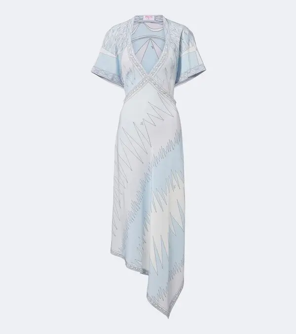 Emilio Pucci Labirinto Asymmetric Silk Crepe De Chine Midi Dress - Blue