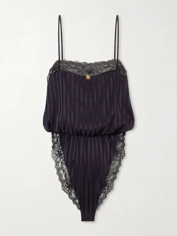 Versace Striped Lace-trimmed Silk-blend Bodysuit